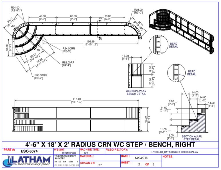 2' Radius Steel Wedding Cake Corner Step 42" w/ Left Bench (18' Wide ...